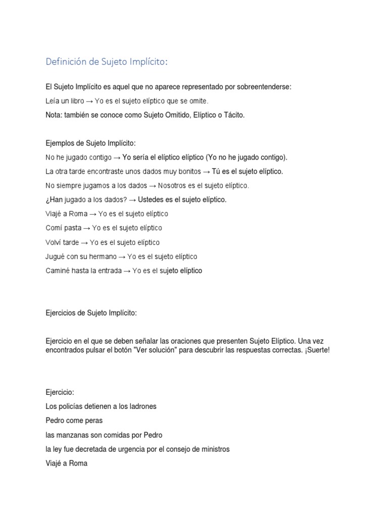 Definición de Sujeto Implícito - 1 | PDF | Asunto (gramática) | Verbo