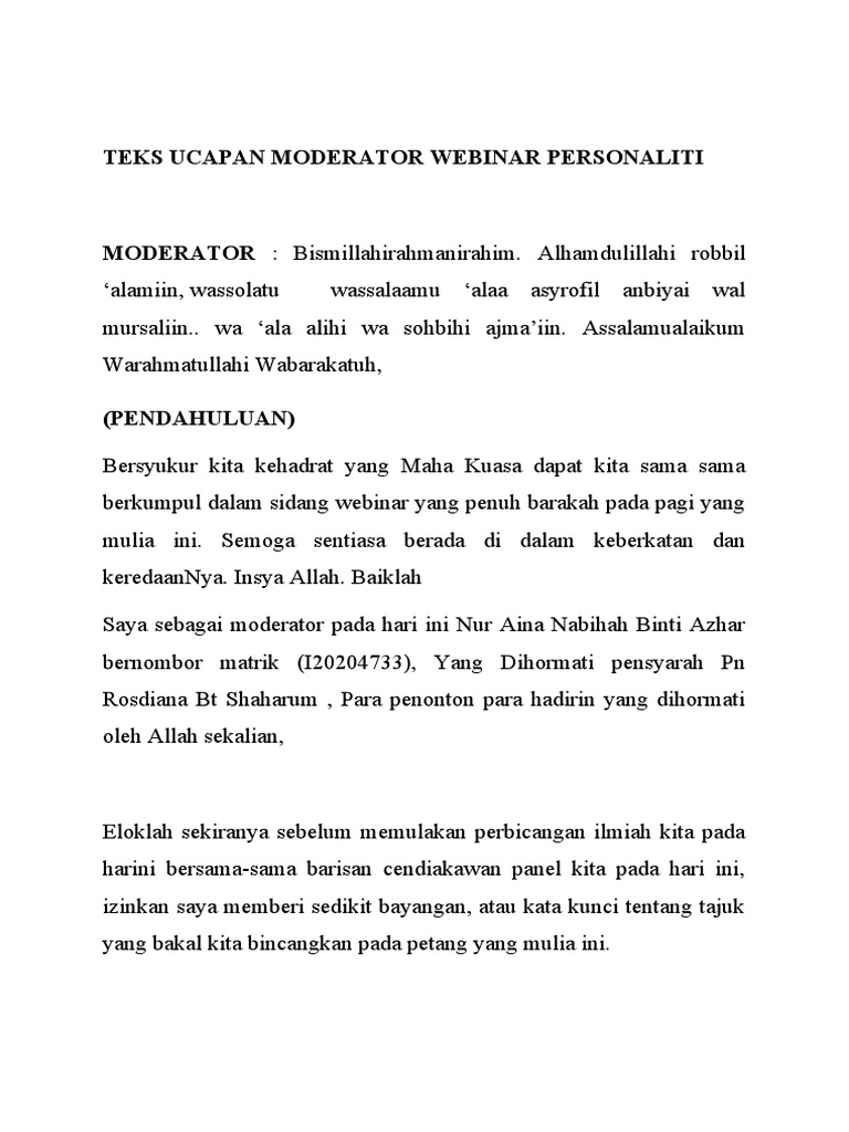 Teks Ucapan Moderator Webinar Personaliti | PDF