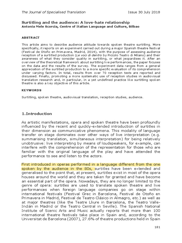 Surtitling and The Audience: A Love-Hate Relationship | PDF ...