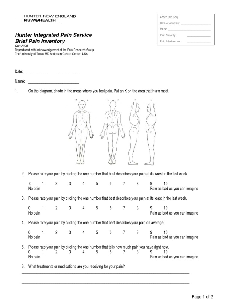 Hunter Integrated Pain Service Brief Pain Inventory | PDF | Pain ...