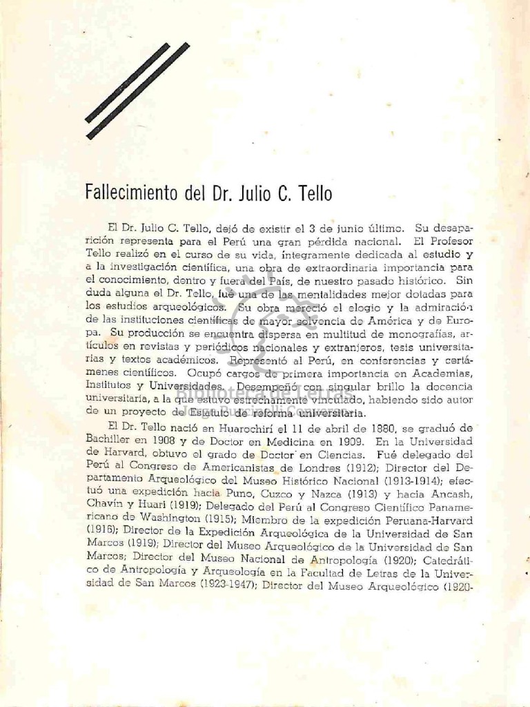 Fallecimiento Del Dr. Julio C. Tello | PDF | Perú | Academia