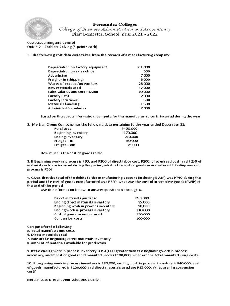 Problem Solving Quiz 1 | Download Free PDF | Inventory | Cost