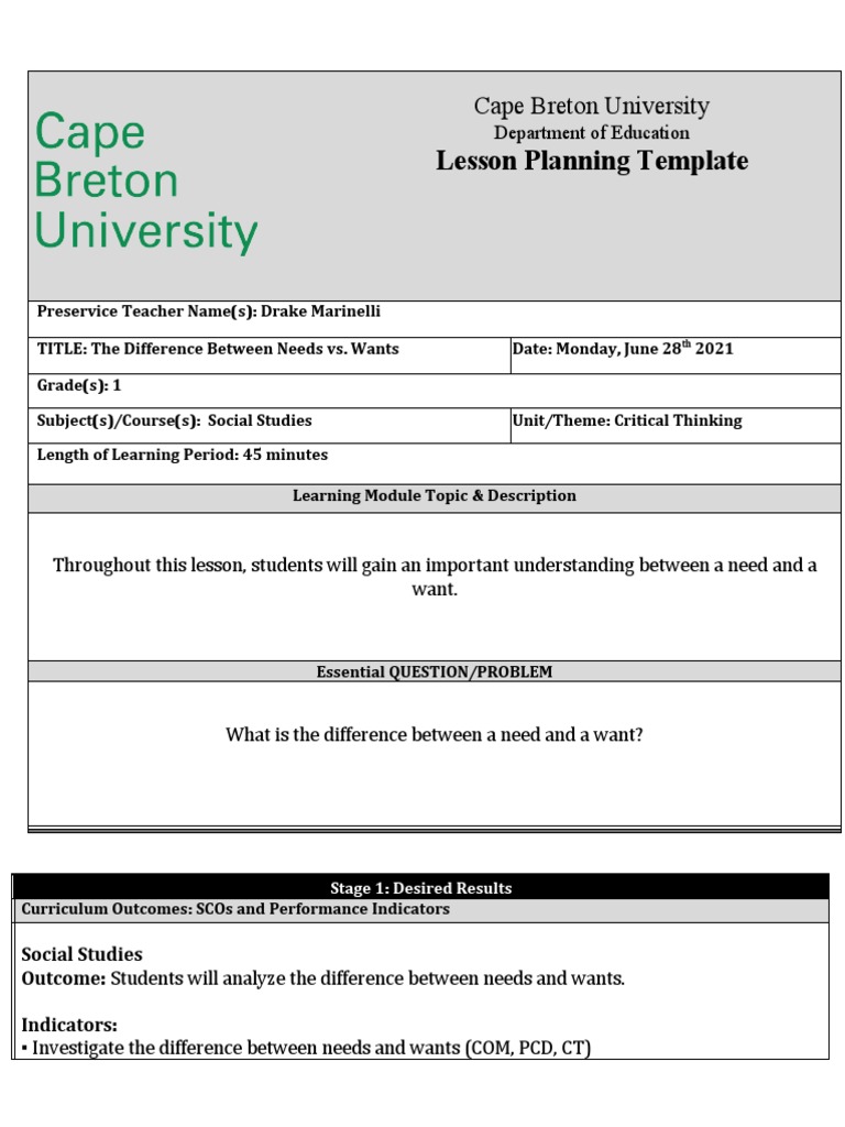 Needs Vs Wants Lesson Plan | PDF | Educational Assessment | Applied ...