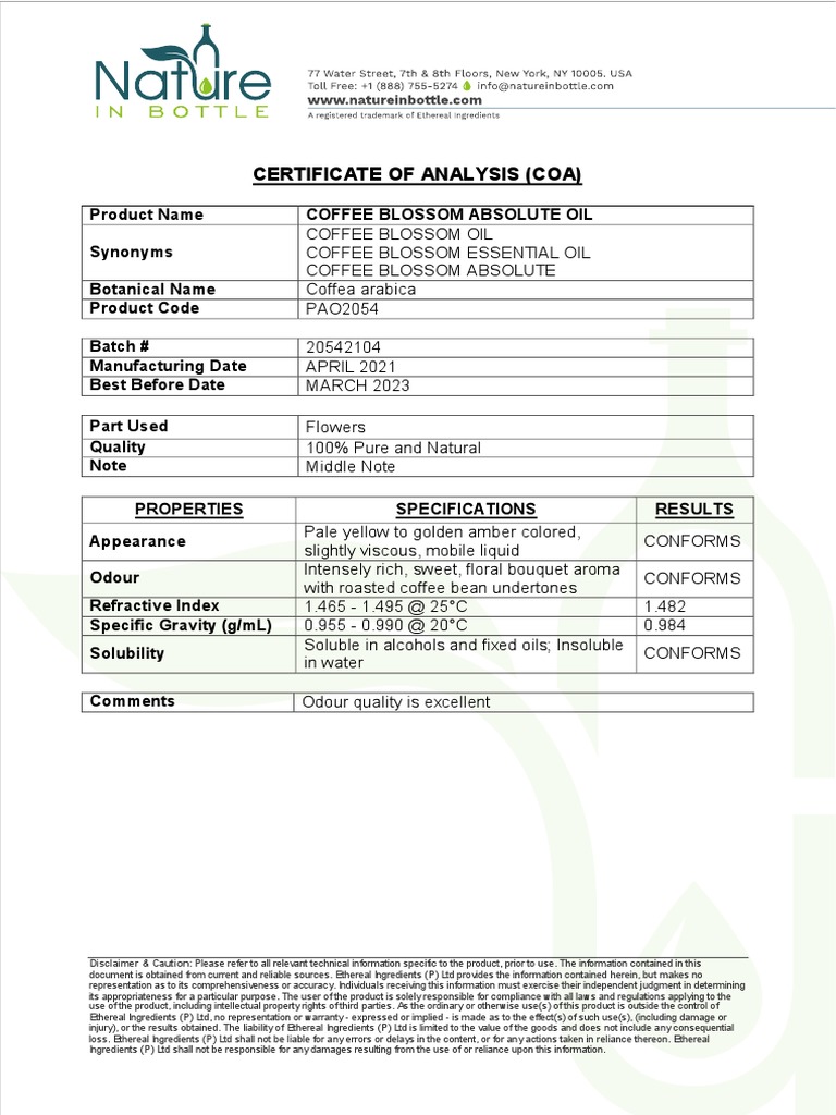 Coffee Blossom Absolute Oil COA | PDF | Legal Liability