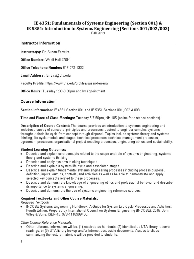IE 4351: Fundamentals of Systems Engineering (Section 001) & IE 5351 ...