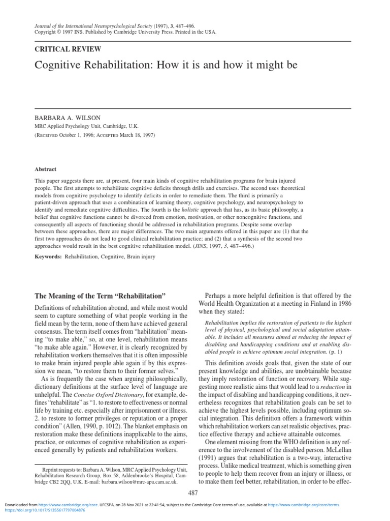 Cognitive Rehabilitation How It Is and How It Might Be | PDF ...
