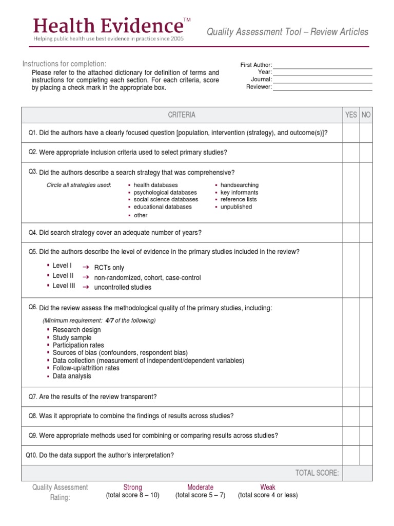 Quality Assessment Tool - Review Articles: Instructions For Completion ...