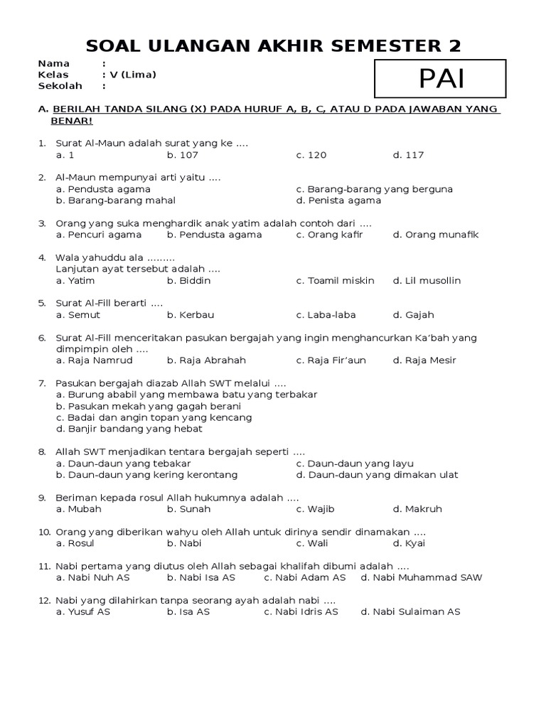 Soal UAS PAI Kelas 5 SD Semester 2 Dan Kunci Jawaban | PDF