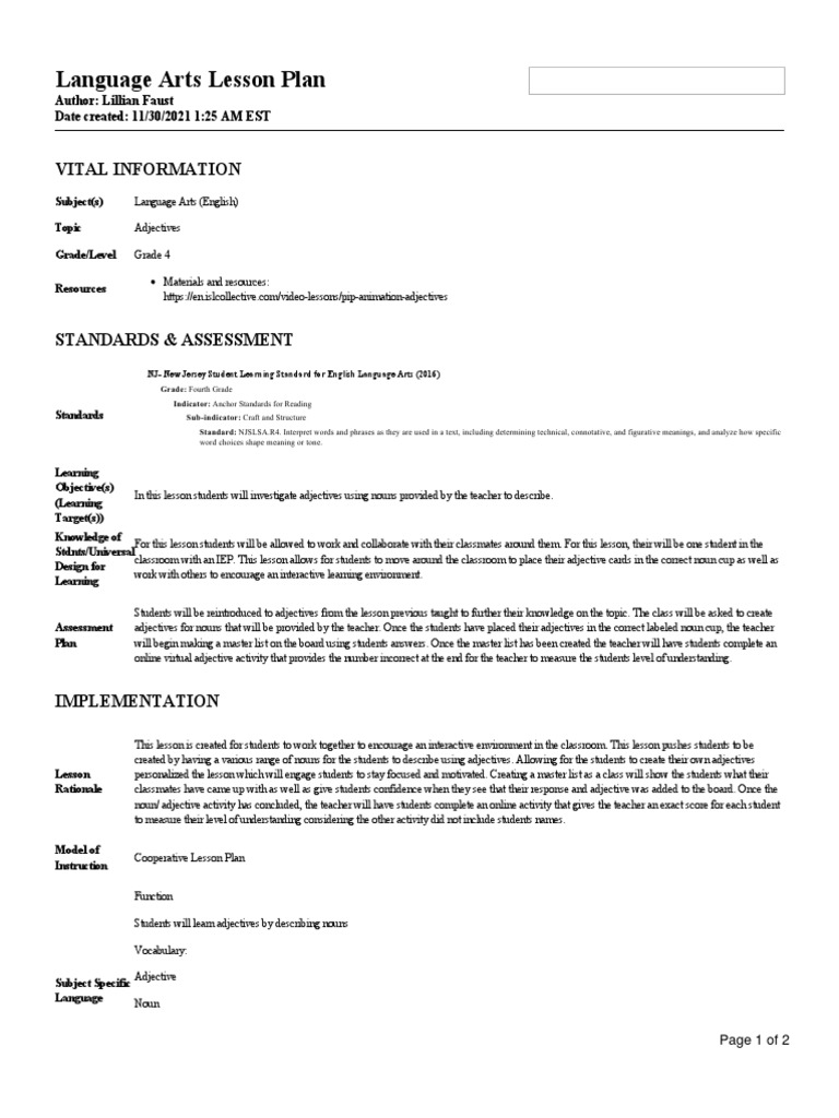 Language Arts Lesson Plan | Download Free PDF | Teachers | Adjective