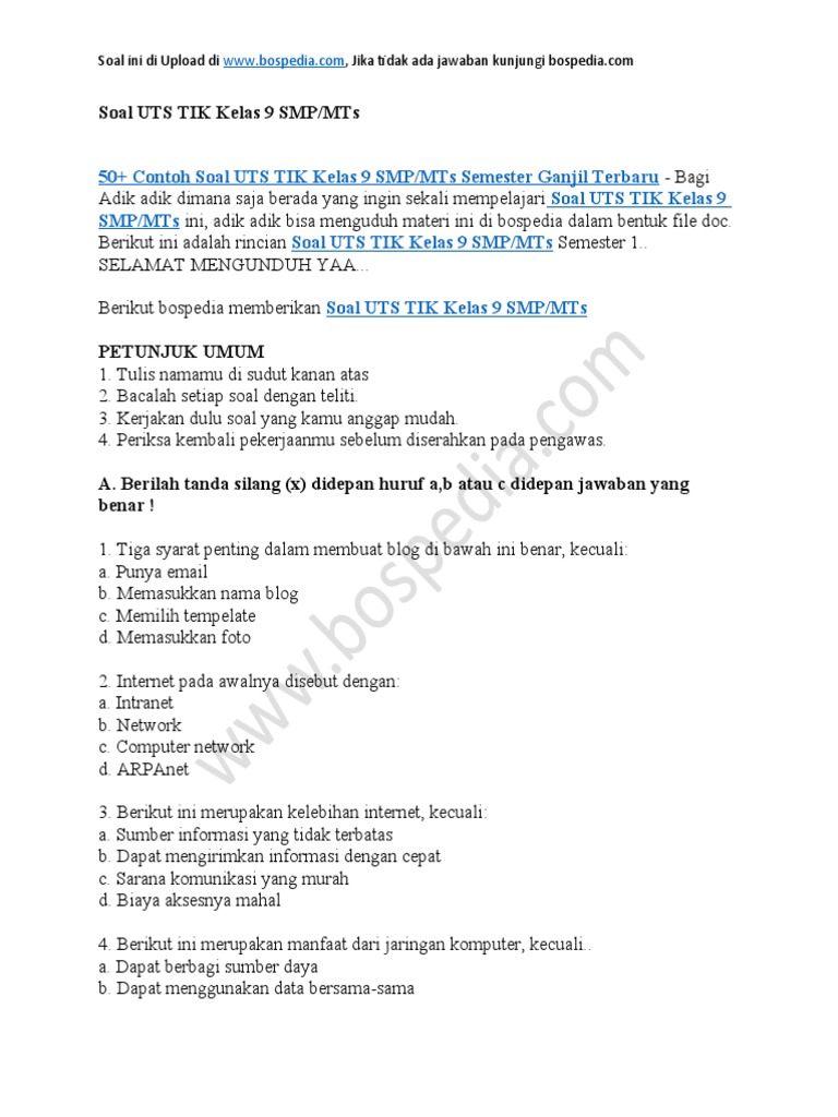 50+ Contoh Soal UTS TIK Kelas 9 SMP MTs Semester Ganjil | PDF | Game & Aktivitas | Komputer