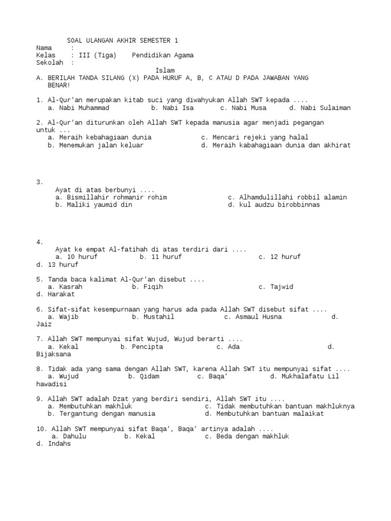 Soal UAS PAI Kelas 3 SD Semester 1 Ganjil Dan Kunci Jawaban WWW Bimbelbrilian Com | PDF