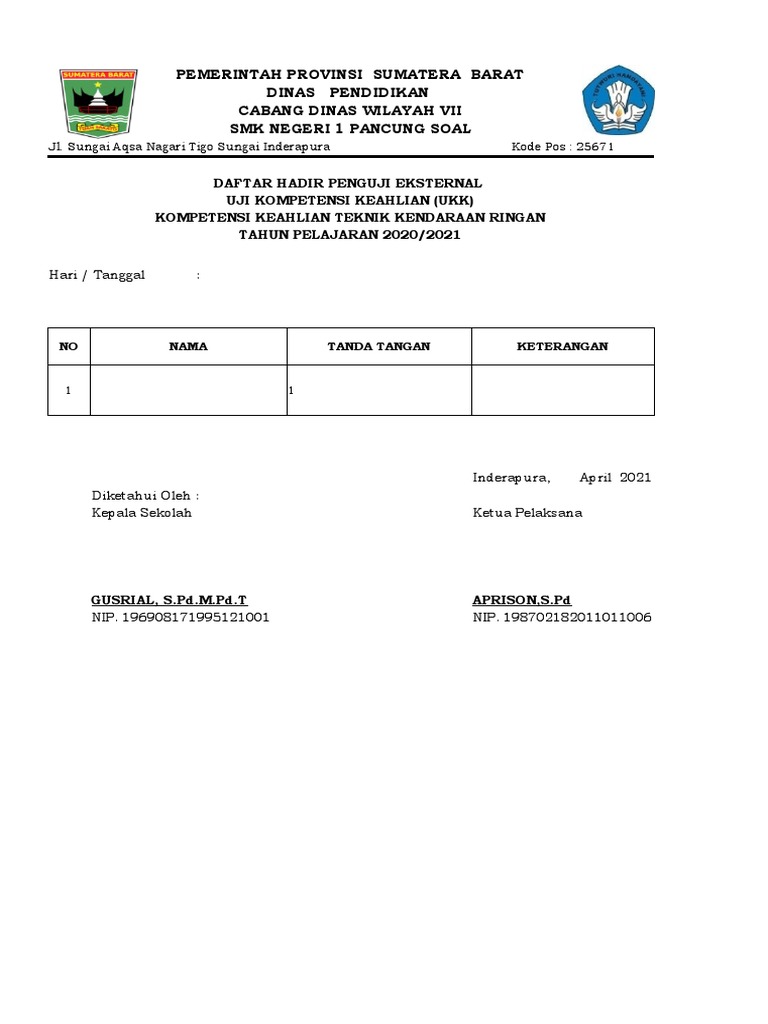 Daftar Hadir Penguji UKK SMK 2021 | PDF
