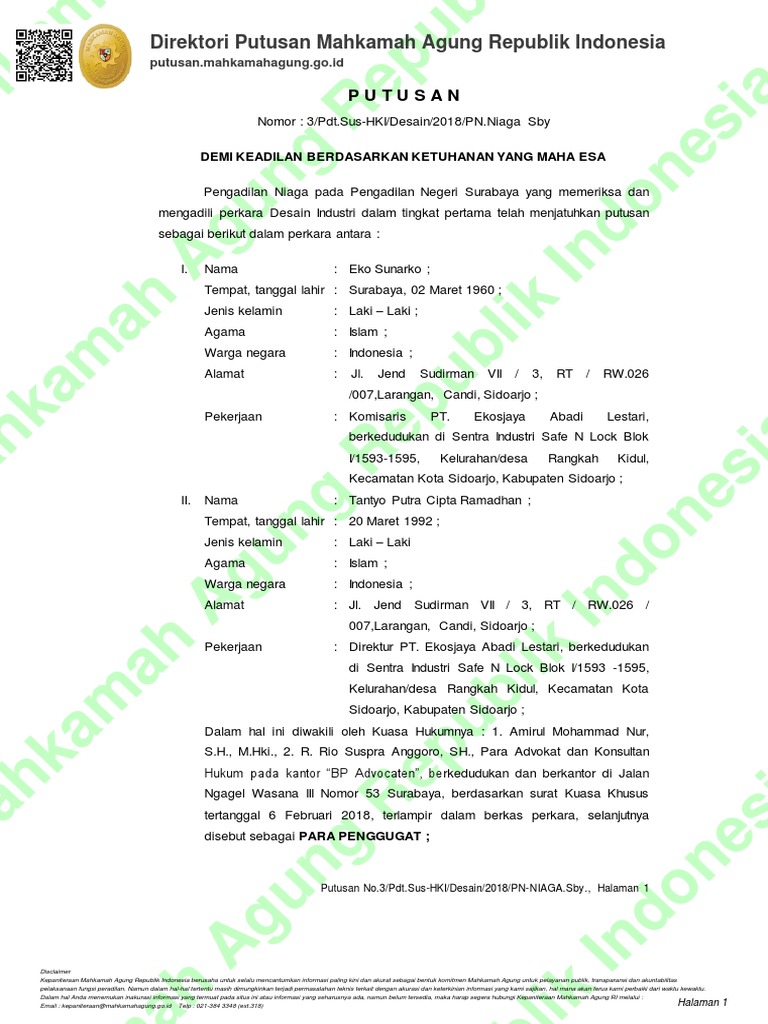 Putusan 3 PDT - Sus-Hki Desain 2018 PN Niaga Sby 20211015 | PDF