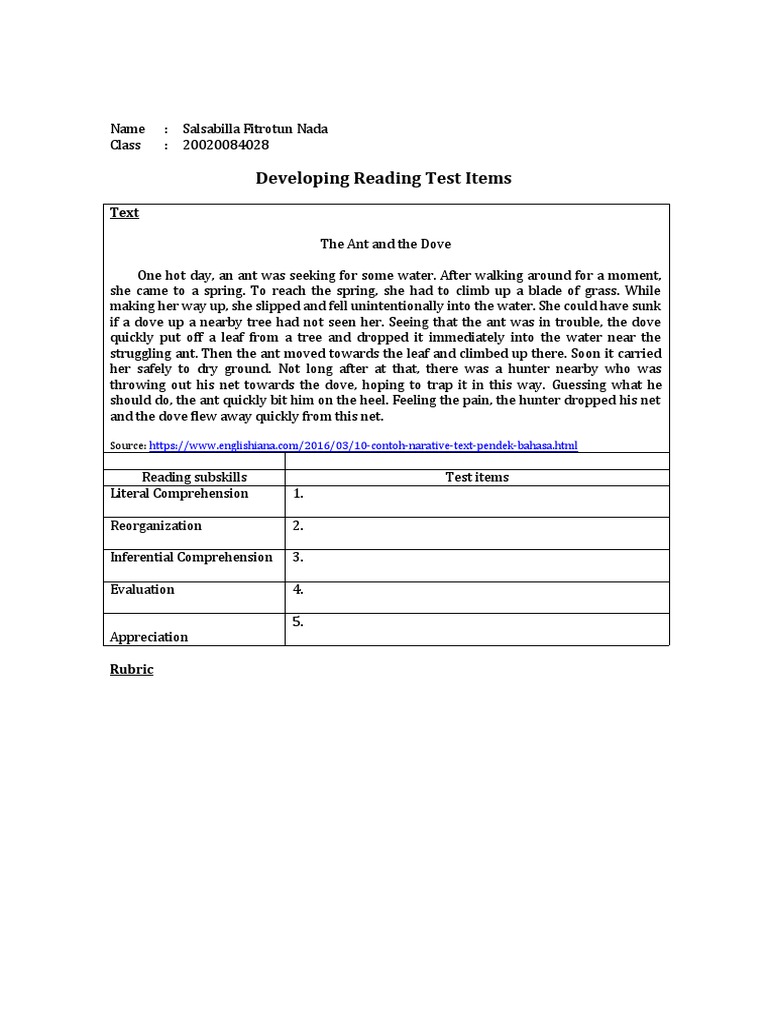 Template of Reading Test | PDF