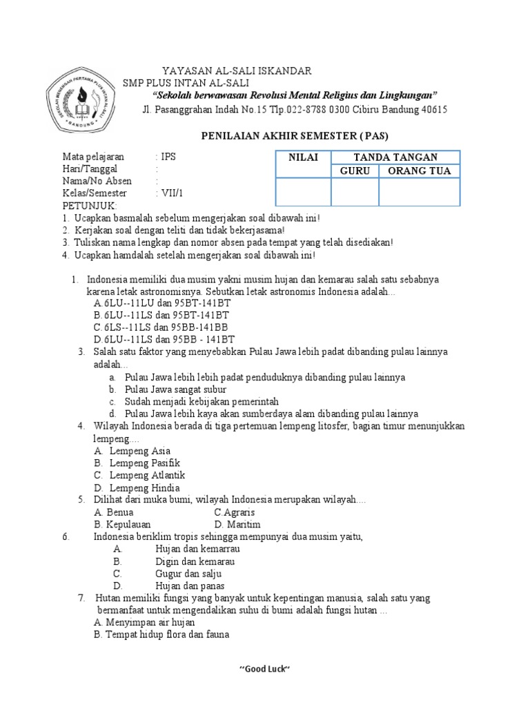 Soal PAS IPS Kelas VII SMP Plus Intan Al-Sali | PDF