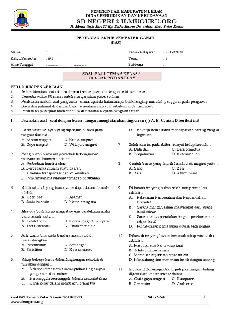 SD Negeri 2 Ilmuguru PAS Kelas 6 Tema 5 | PDF