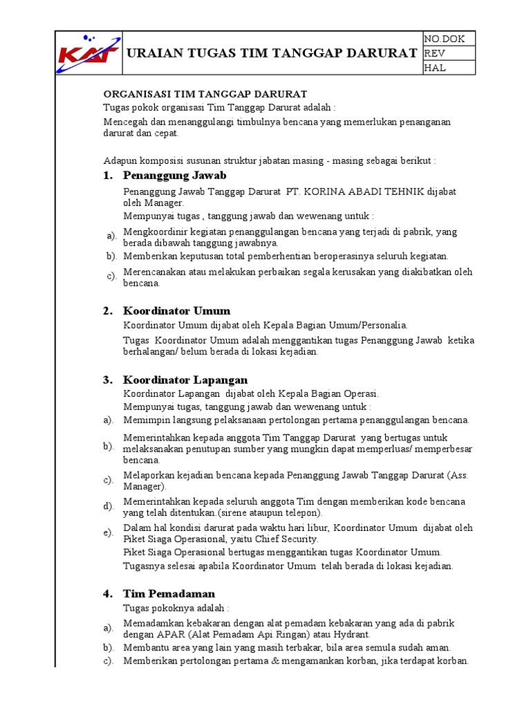 KAT FR LK 05 003 Jobdesk Team Tanggap Darurat | PDF | Sains ...