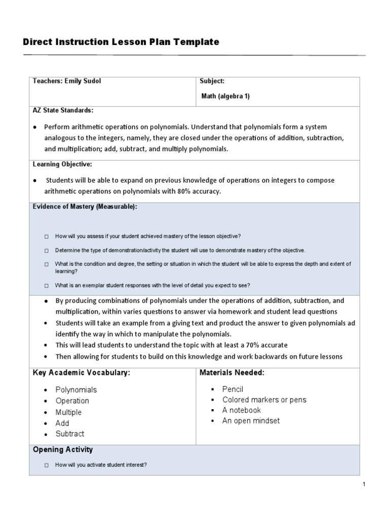 Direct Instruction Lesson Plan Sudole | PDF | Lesson Plan | Multiplication
