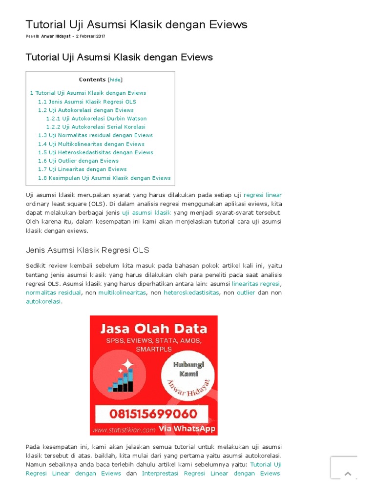 Tutorial Uji Asumsi Klasik Dengan Eviews - Uji Statistik | PDF