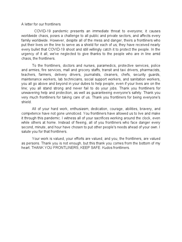 A Letter For Our Frontliners | PDF