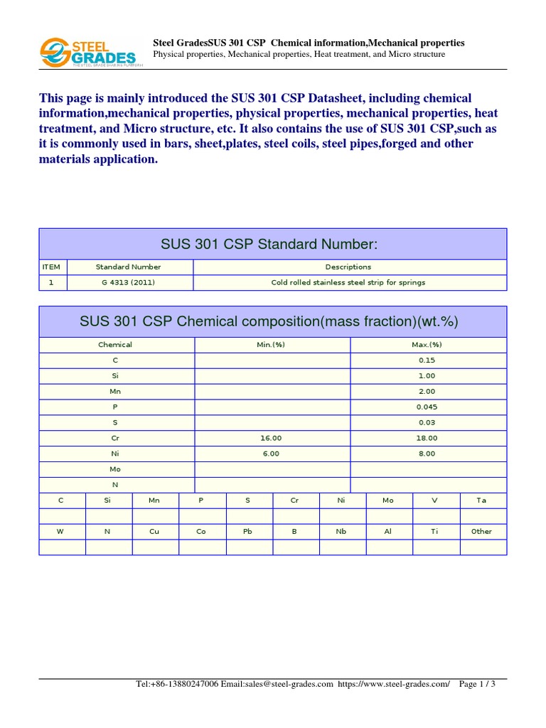Datasheet For Steel Grades Specialsteel SUS 301 CSP | PDF | Rolling ...