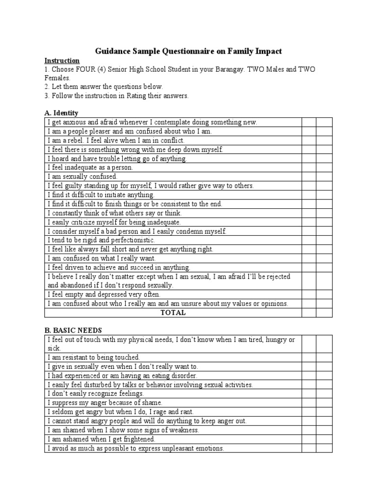 Guidance Sample Questionnaire On Family Impact: Instruction | PDF ...