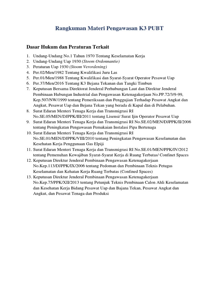 Rangkuman Materi Pengawasan K3 PUBT | PDF