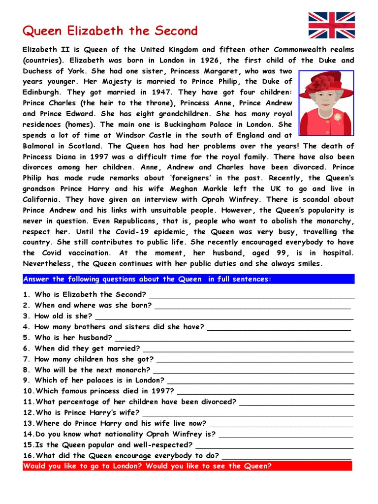 Queen Elizabeth II The Second Reading Comprehension Exercises - 133668 ...