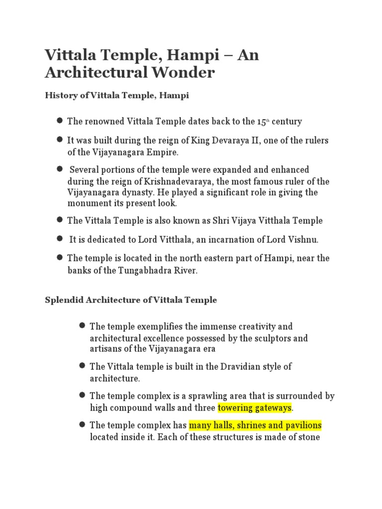 Vittala Temple, Hampi - An Architectural Wonder | PDF