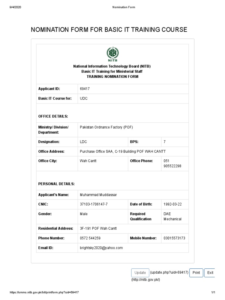 Nomination Form For Basic It Training Course | PDF