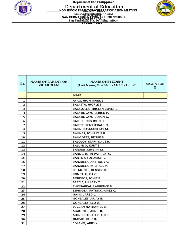 Attendance Sheet Sy 2021-22 | PDF