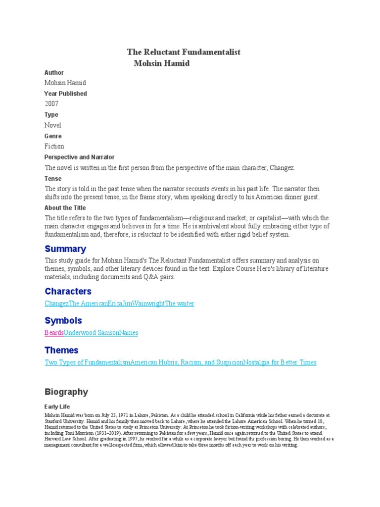 The Reluctant Fundamentalist Themes, Symbols, CHP 1-12 Summary | PDF ...