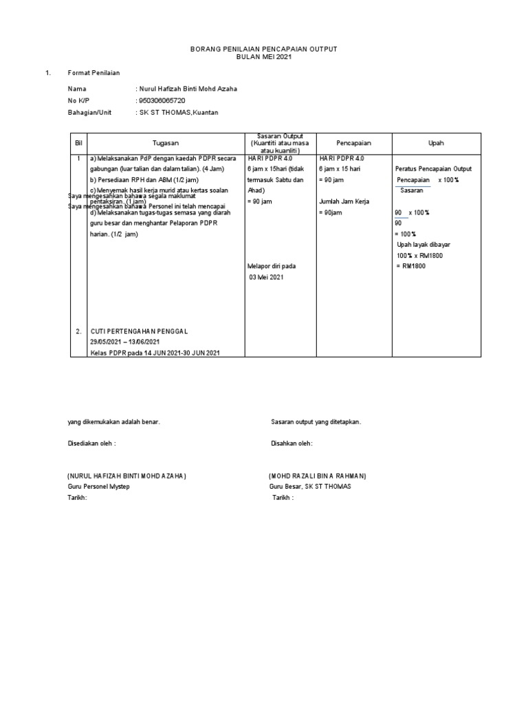 BORANG PENILAIAN PENCAPAIAN OUTPUT (1) - Mystep | PDF