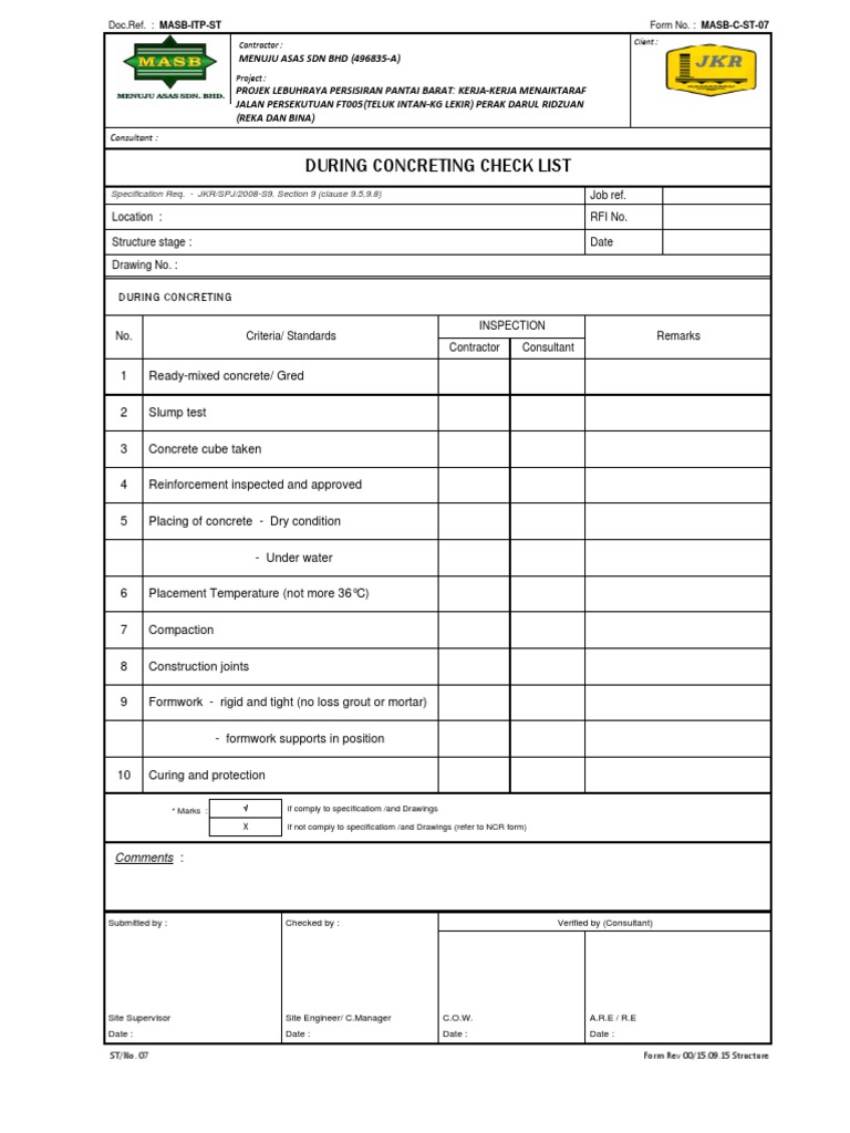 During Concreting Check List | PDF | Concrete | Architectural Elements