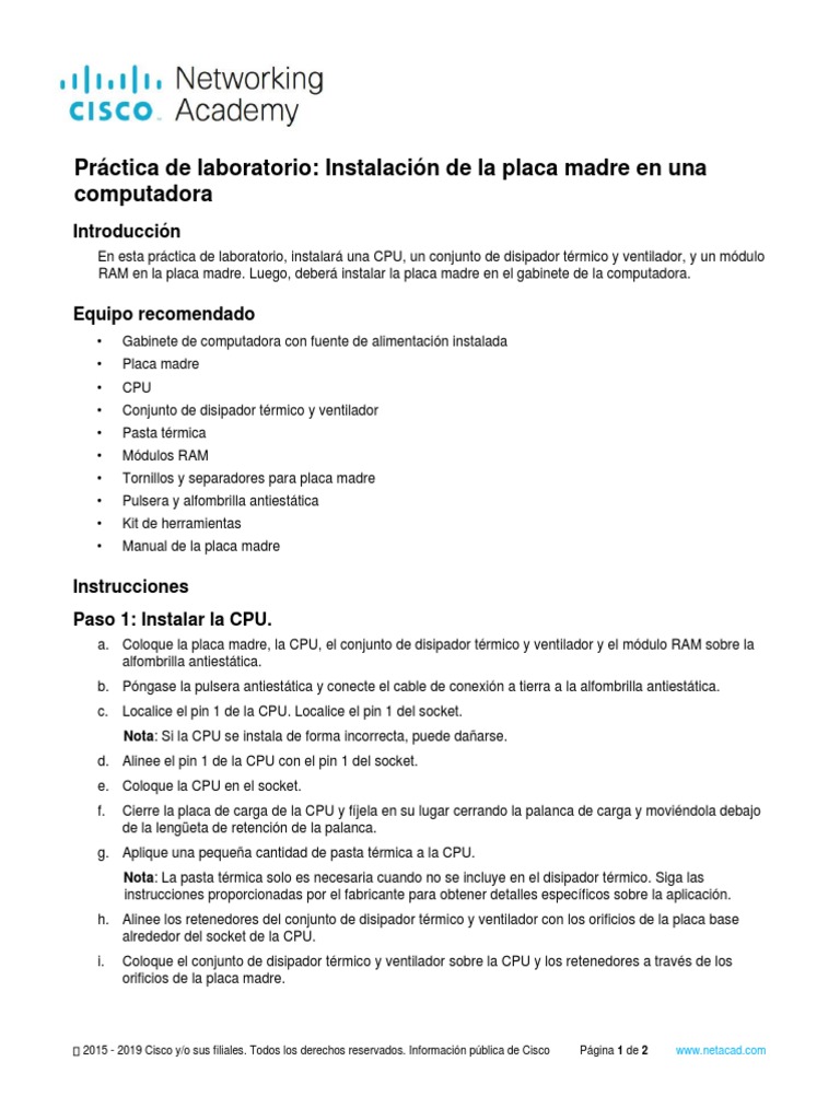 2.1.3.10 Práctica de Laboratorio: Instalación de La Placa Base en Un ...