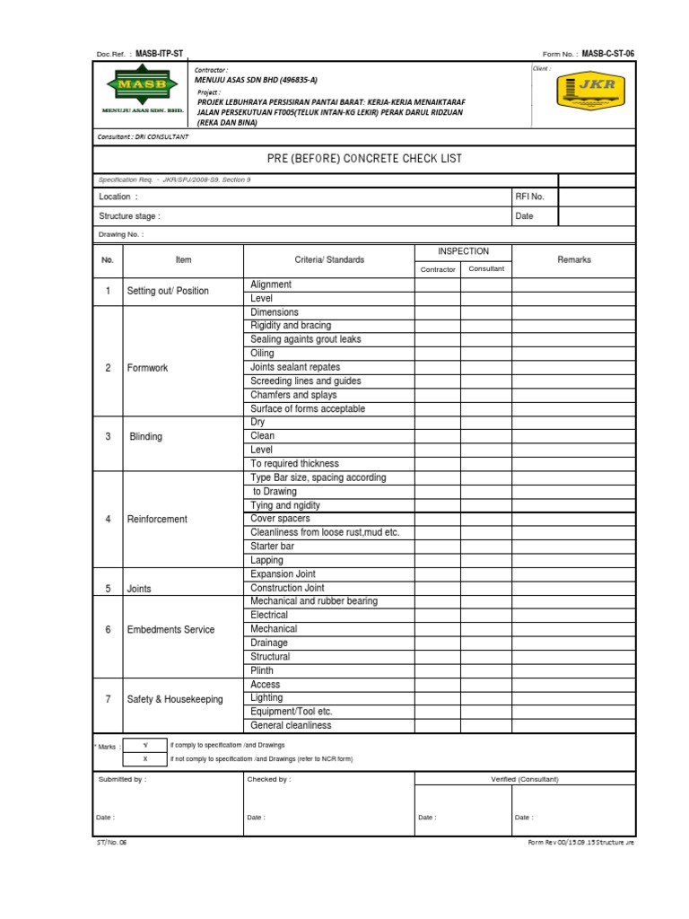 Pre (Before) Concrete Check List | PDF | Structural Engineering | Civil ...