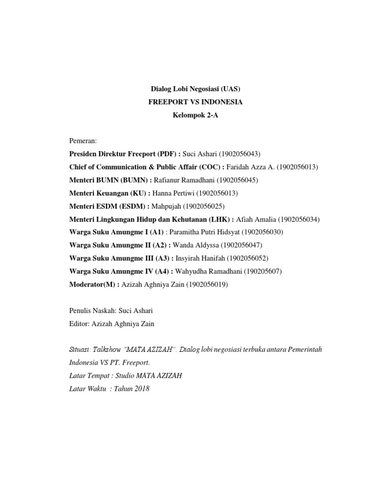 Dialog Simulasi Lobi Negosiasi Pemerintah Indonesia VS PT Freeport ...