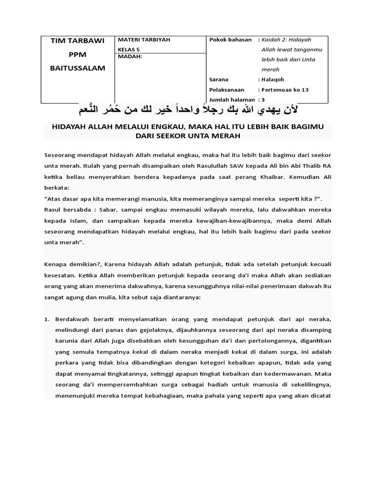 Hidayah Allah Lewat Tanganmu Lebih Baik Dari Unta Merah | PDF