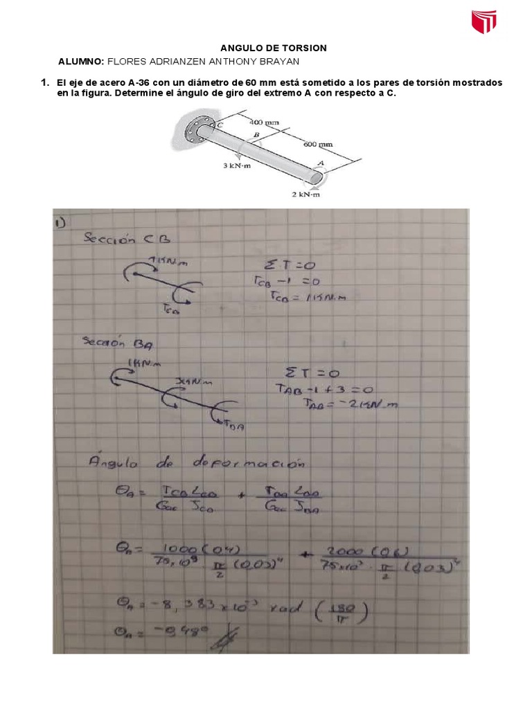 Ejercicios Angulo de Torsion - Bryan | PDF | Eje | Engranaje