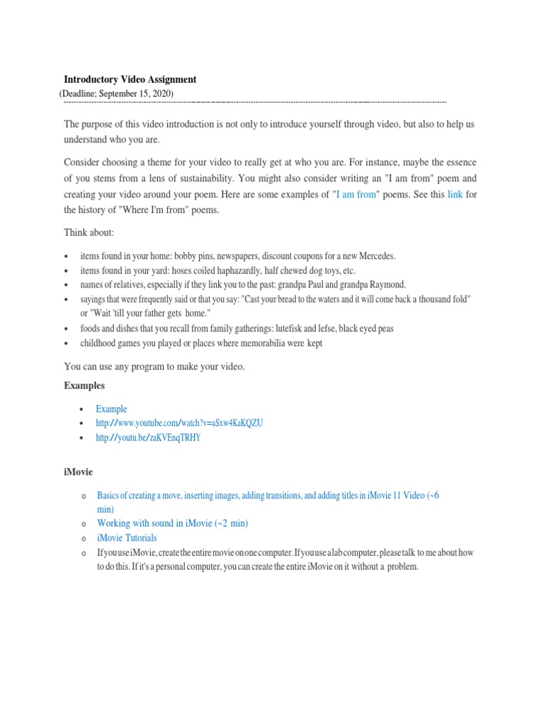 Introductory Video Assignment | PDF | You Tube