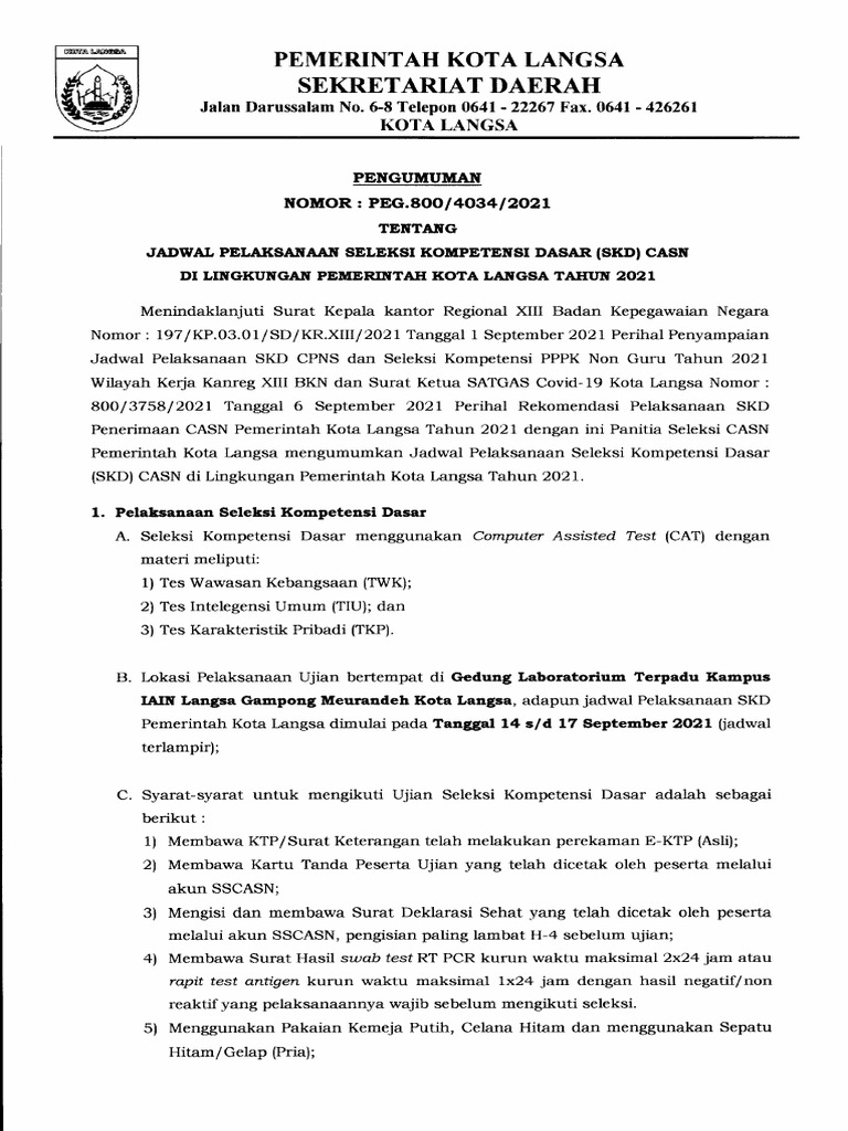 Pengumuman Jadwal Ujian SKD CPNS 2021 Kota Langsa | PDF Pengumuman Jadwal Ujian SKD CPNS 2021 Kota Langsa | PDF