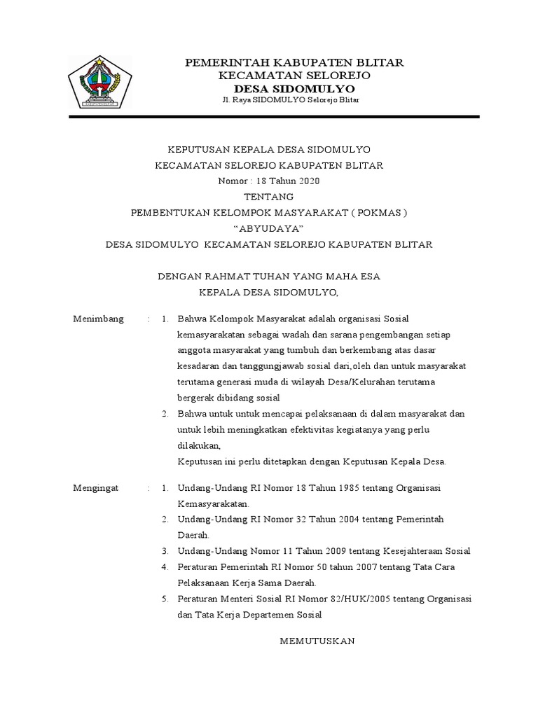 SK Pembentukan Pokmas Abyudaya Sidomulyo | PDF | Gaya Hidup