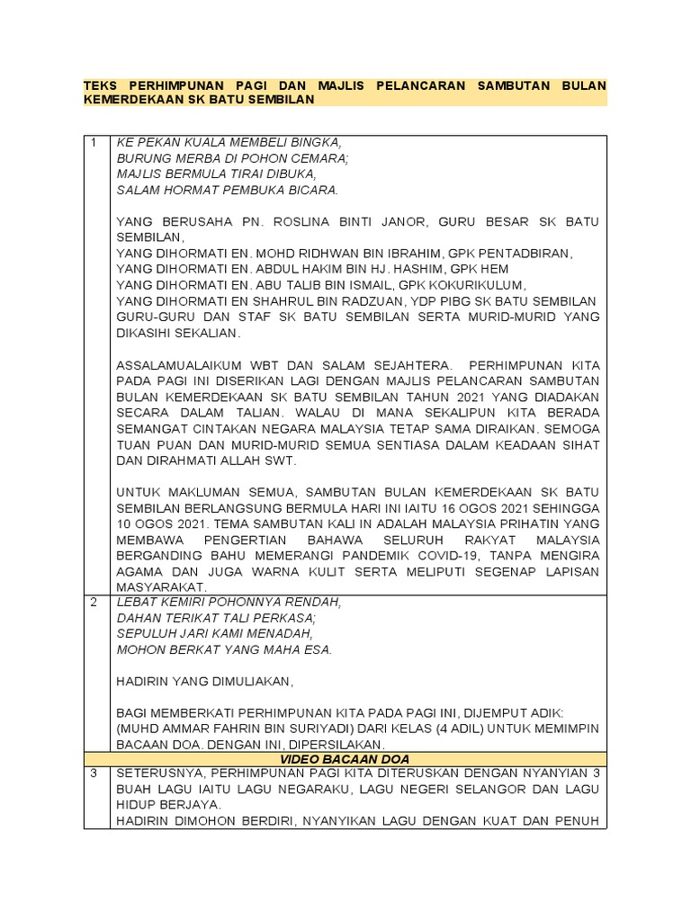 Teks Perhimpunan Pagi Dan Sambutan Bulan Kemerdekaan (Edited) | PDF