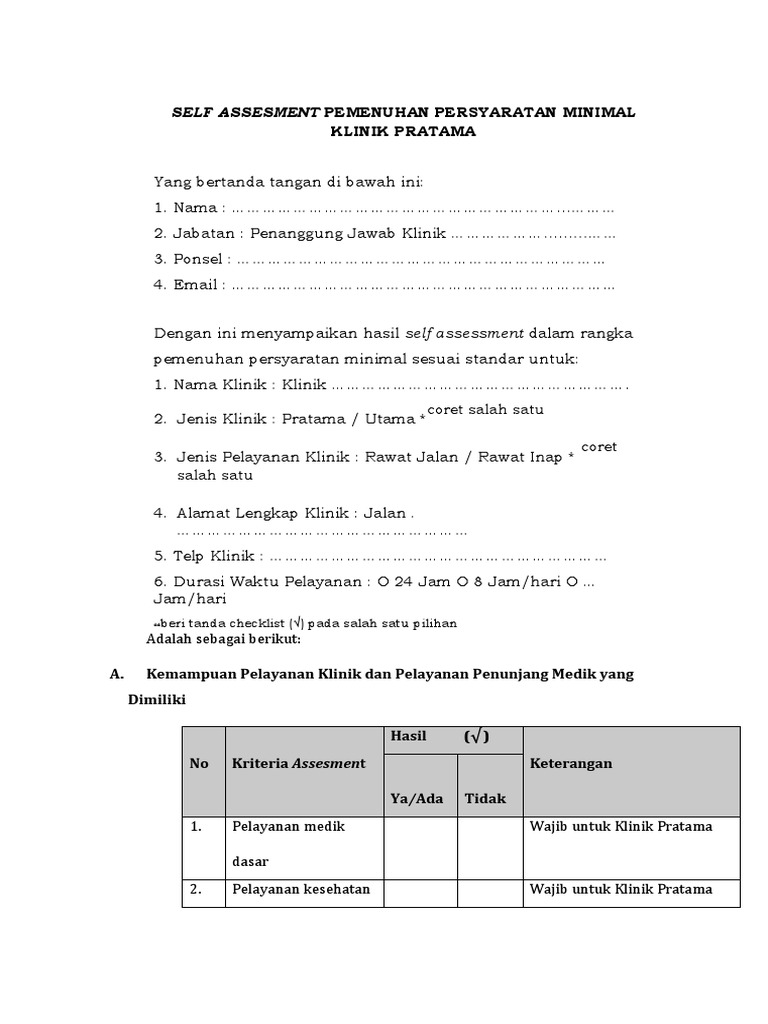 DOKUMEN SELF ASSESMENT PEMENUHAN PERSYARATAN MINIMAL KLINIK PRATAMA ...