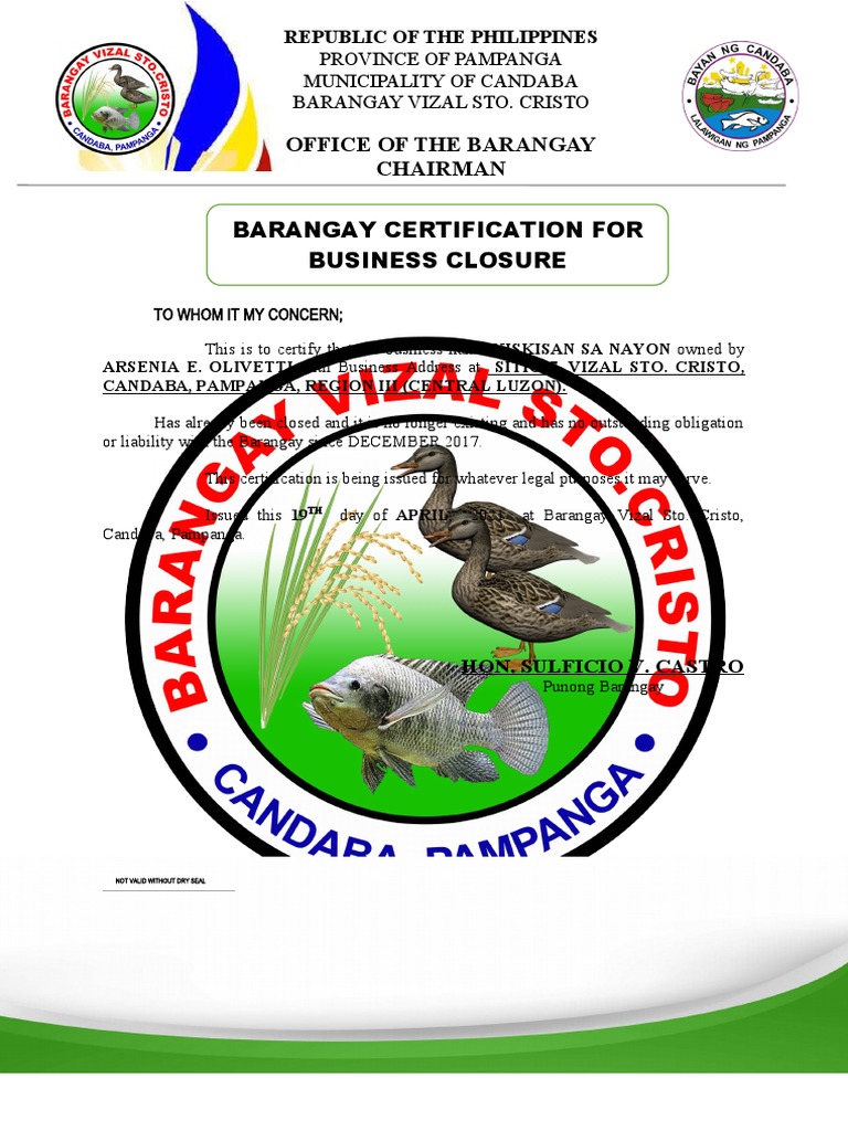 Certificate For Business Closure | PDF