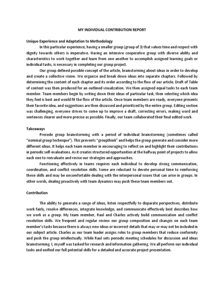 My Individual Contribution Report | PDF | Brainstorming | Cognition