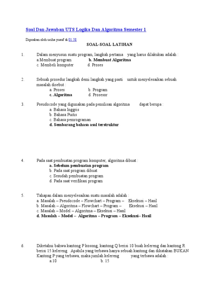 Soal Dan Jawaban UTS Logika Dan Algoritma Semester 1 | PDF | Metode & Bahan Ajar