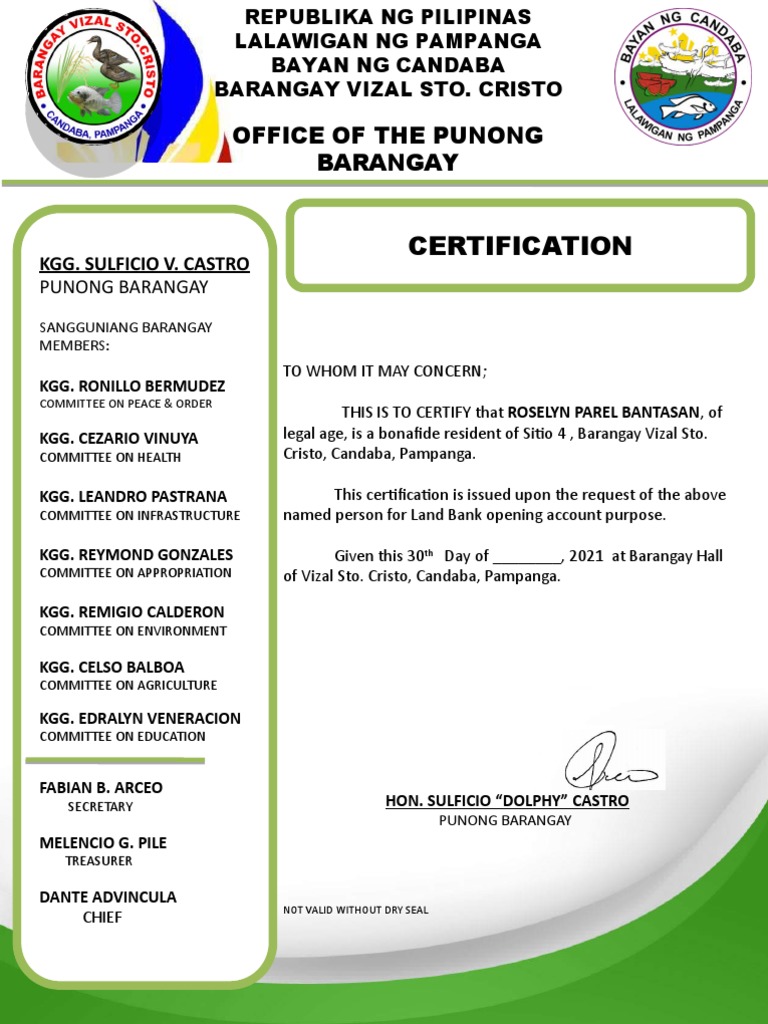 Certificate For Opening Landbank Account | PDF