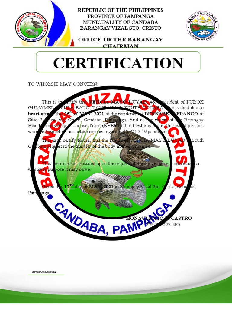 Certificate For Transfer of Dead Body | PDF