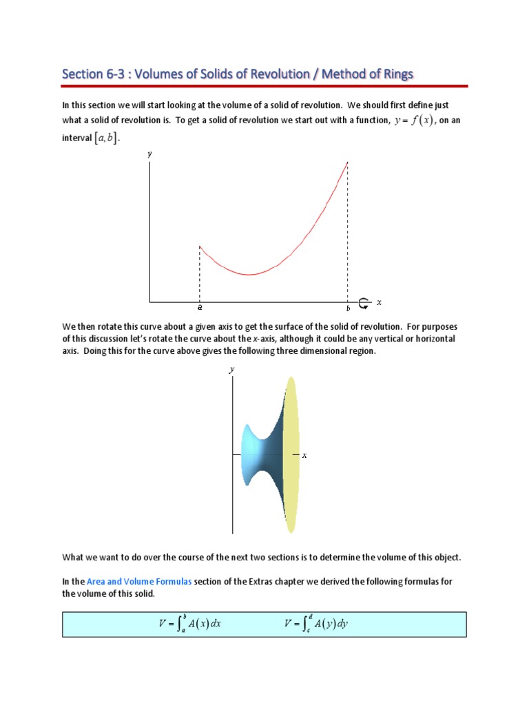Section 6-3: Volumes of Solids of Revolution / Method of Rings | PDF ...